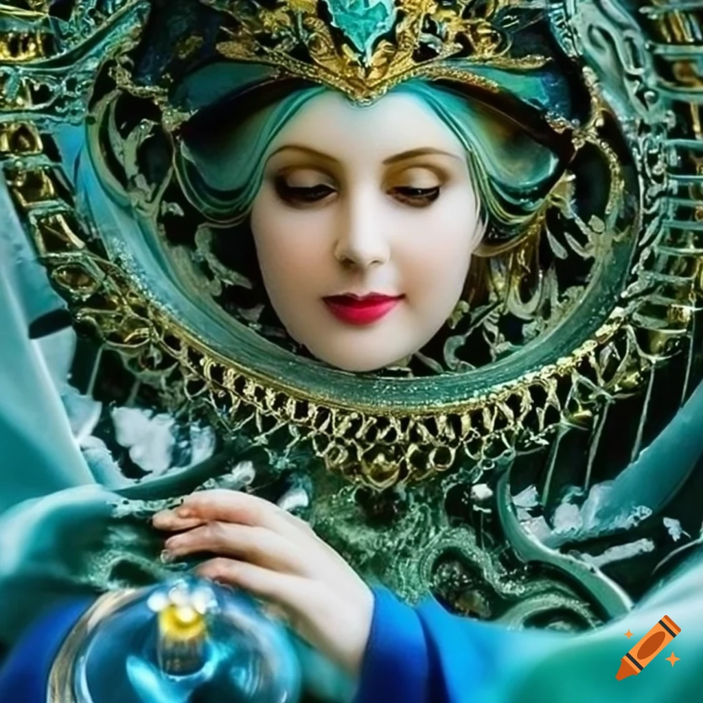 Etheric queen of water playing card with art nouveau princess holding a ...