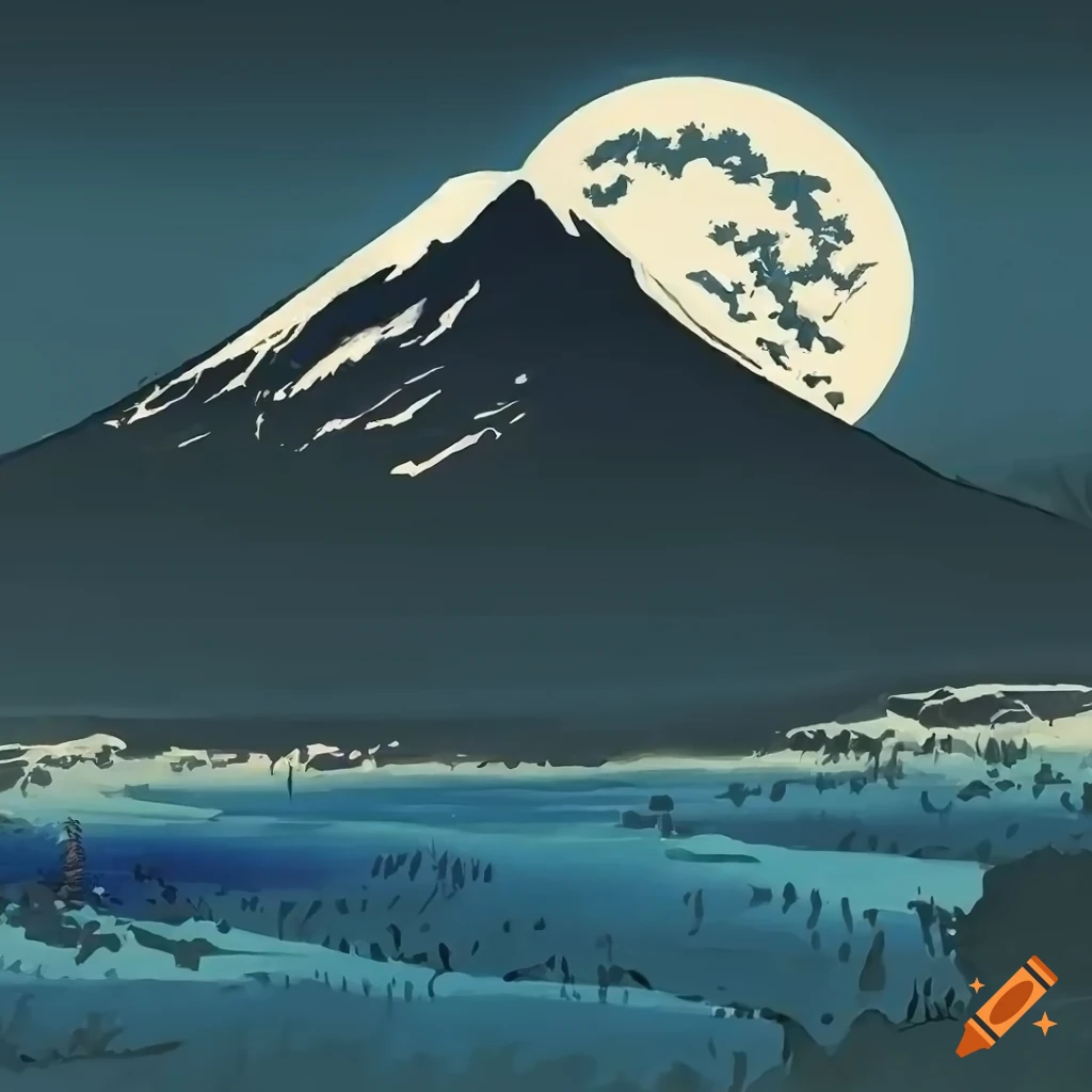 Mountain in ukiyo-e with dark night sky on Craiyon