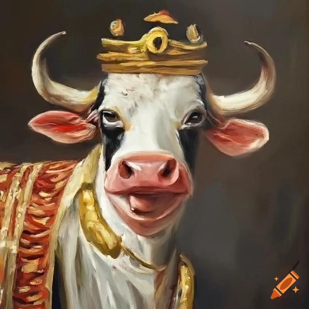 Cow dressed as royalty in an oil painting on Craiyon