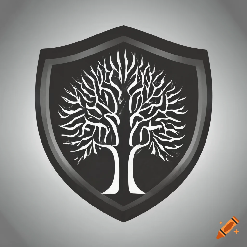 Tree emblem in shield in black and white minimalistic style on Craiyon