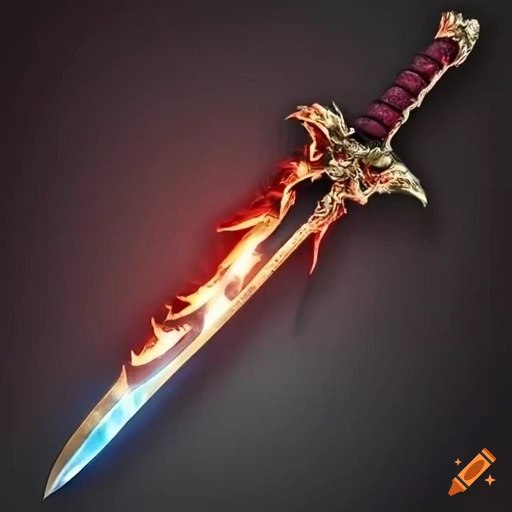 Long heavy hellish sword with fiery aura in dragon style on Craiyon