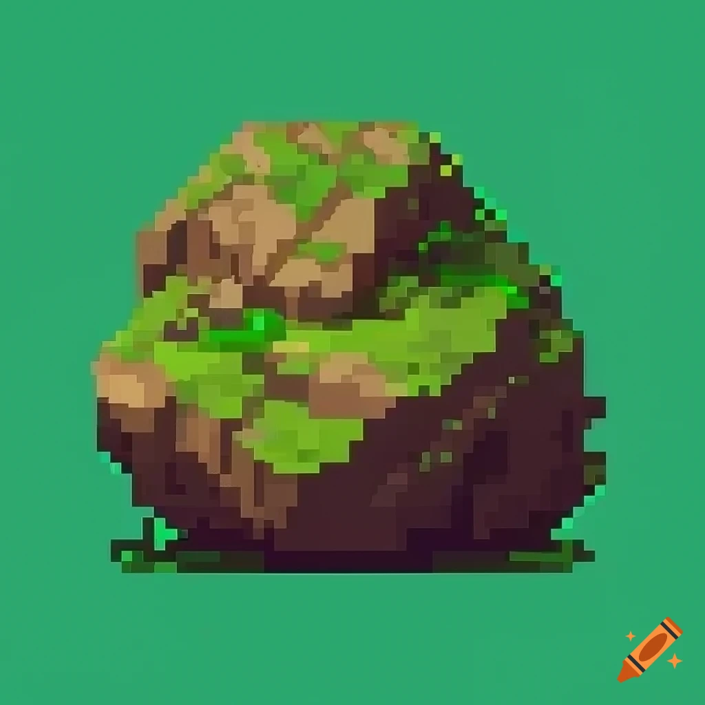 Detailed side view of moss-covered boulder in pixel art style on Craiyon