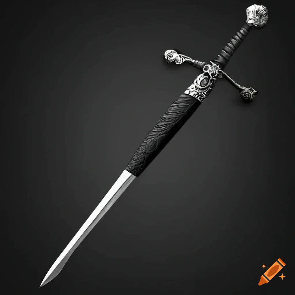 Black medieval sword with purple and dark grey highlights on Craiyon