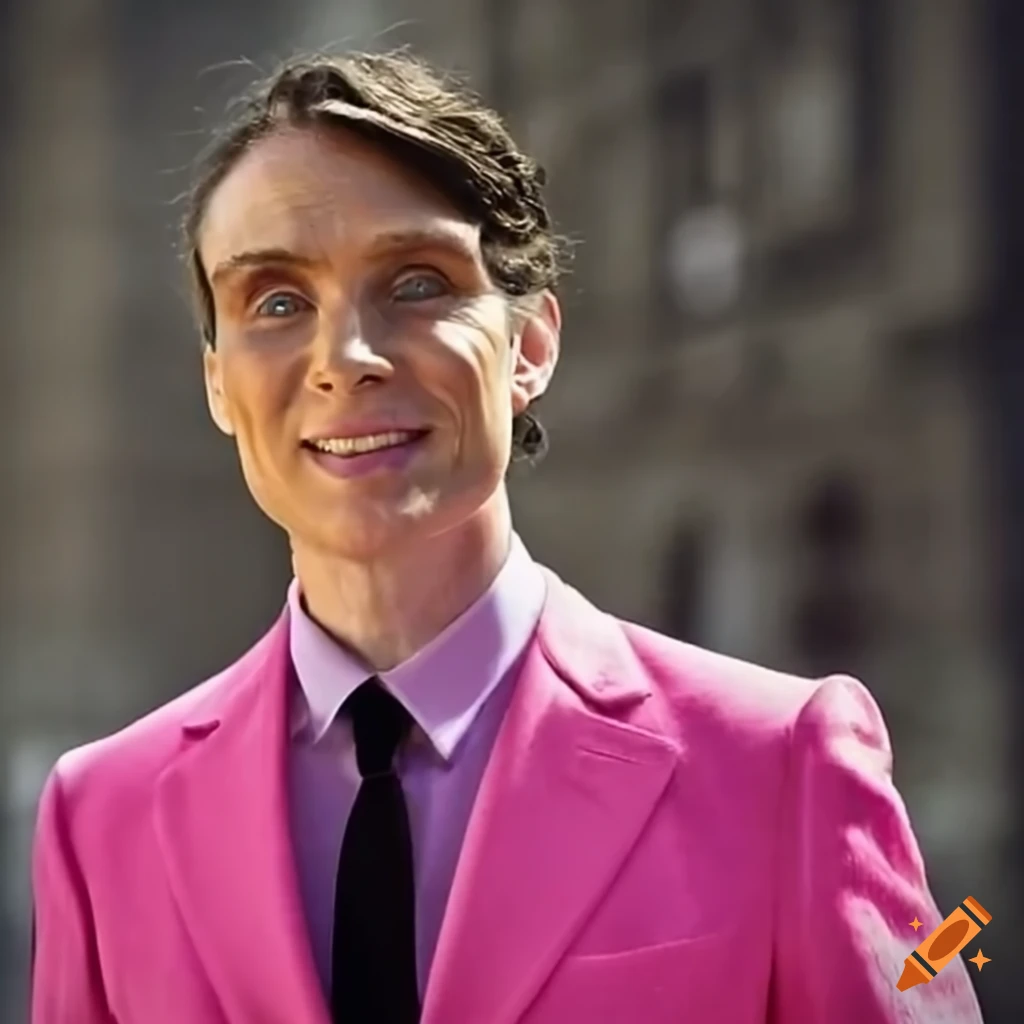 Cillian murphy in a bright pink suit smiling warmly on Craiyon