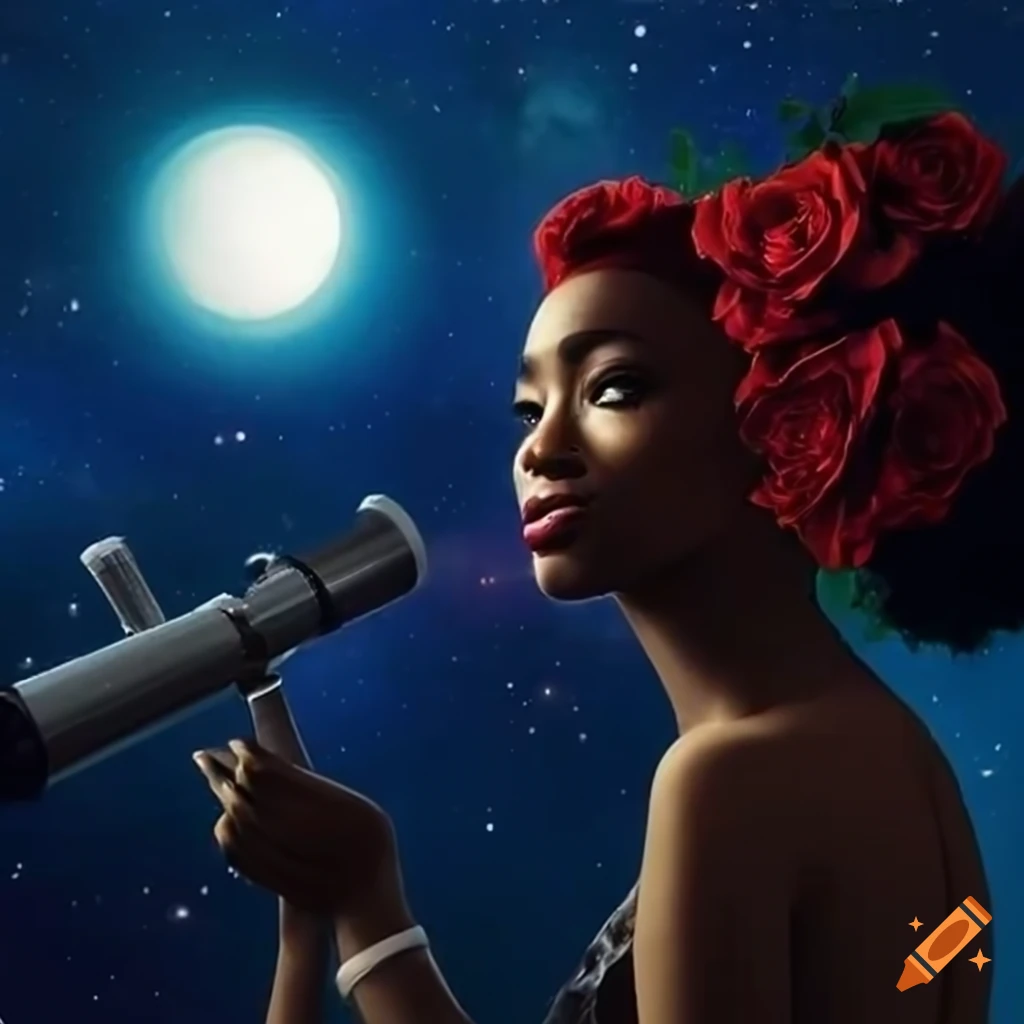 African American woman in a black dress looking through a telescope in ...