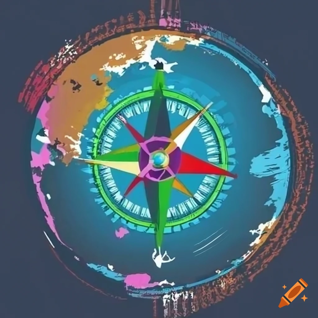 Modern compass on top of a world map on Craiyon