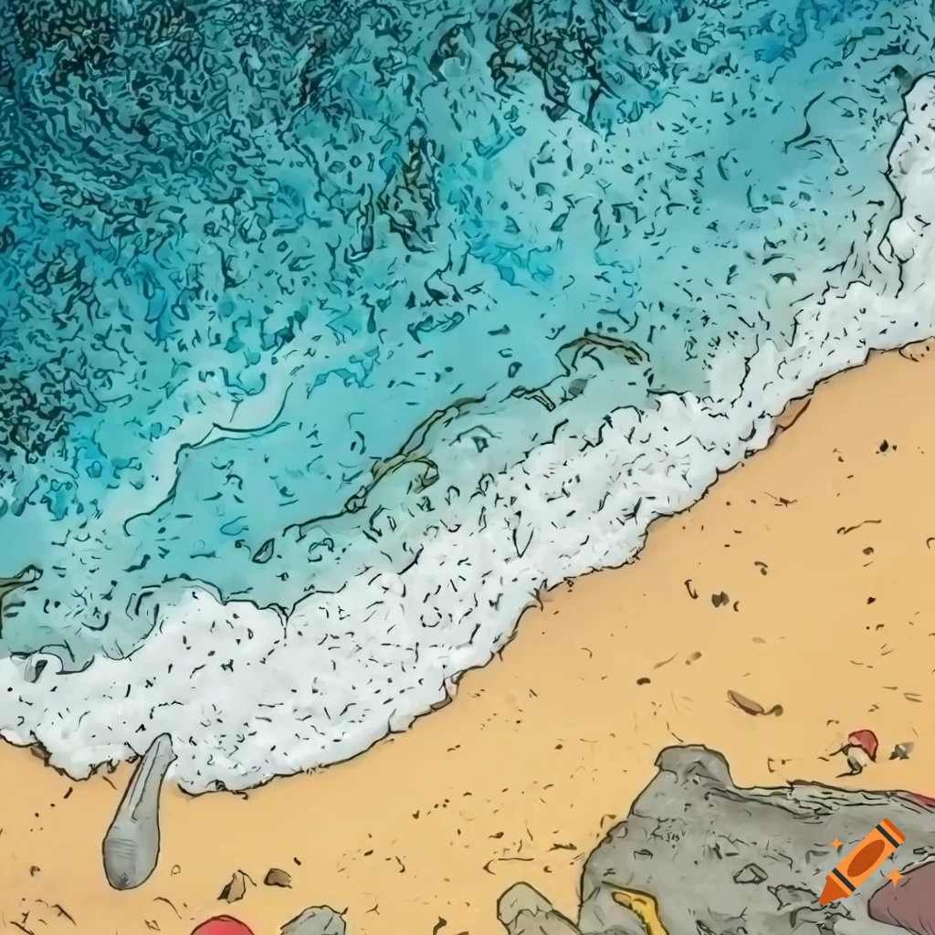 Aerial view of a sandy beach with foamy waves and rocks in comic style ...