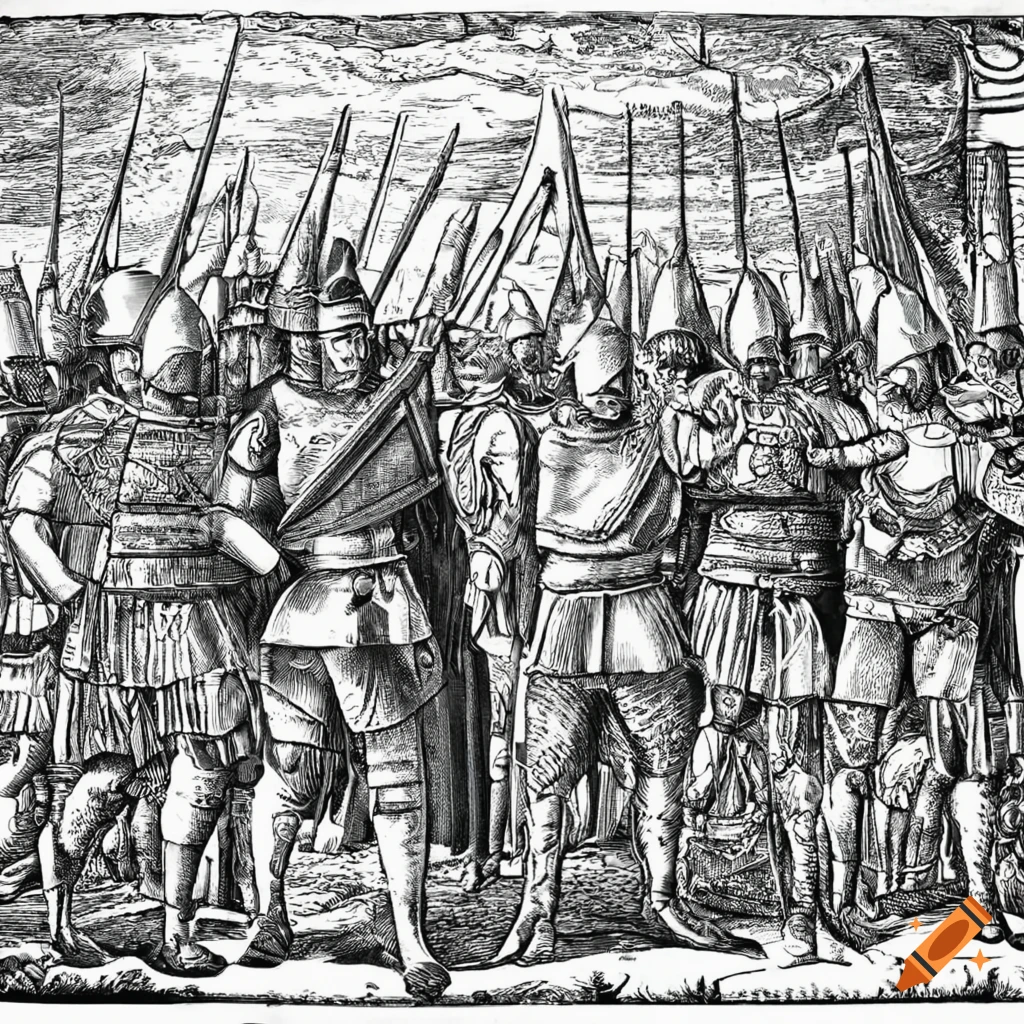 Engraving style drawing of a game of thrones army on Craiyon