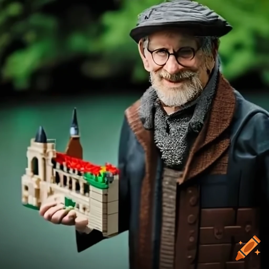 Steven spielberg standing in a river with a lego castle model on Craiyon