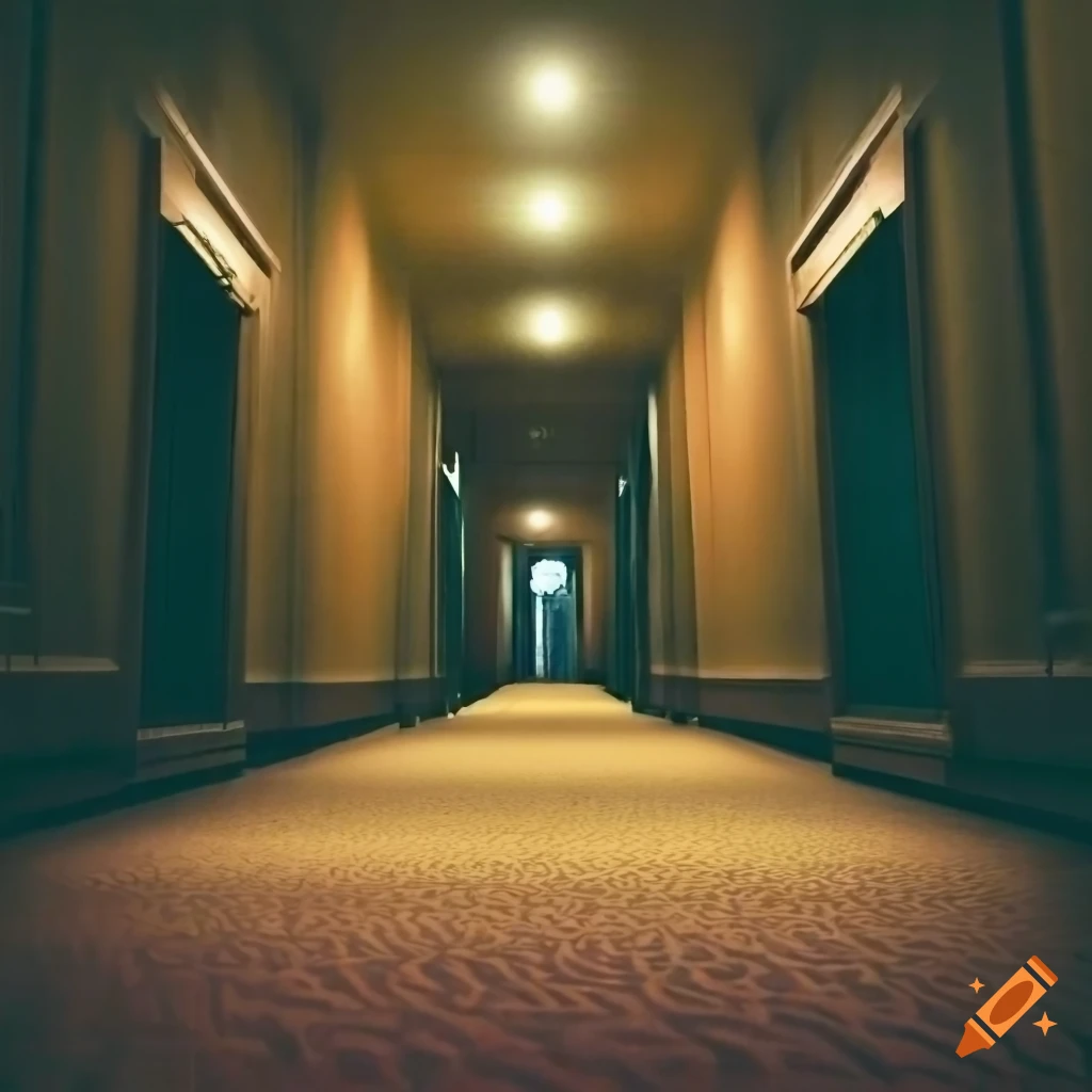 Empty hallway in a strange hotel with dim light and minimalistic decor ...