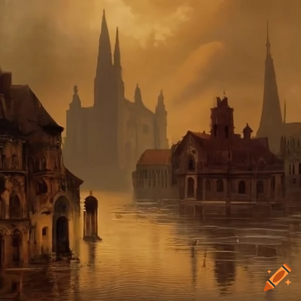 Historical artwork of a city and cathedral during a mud flood in the ...