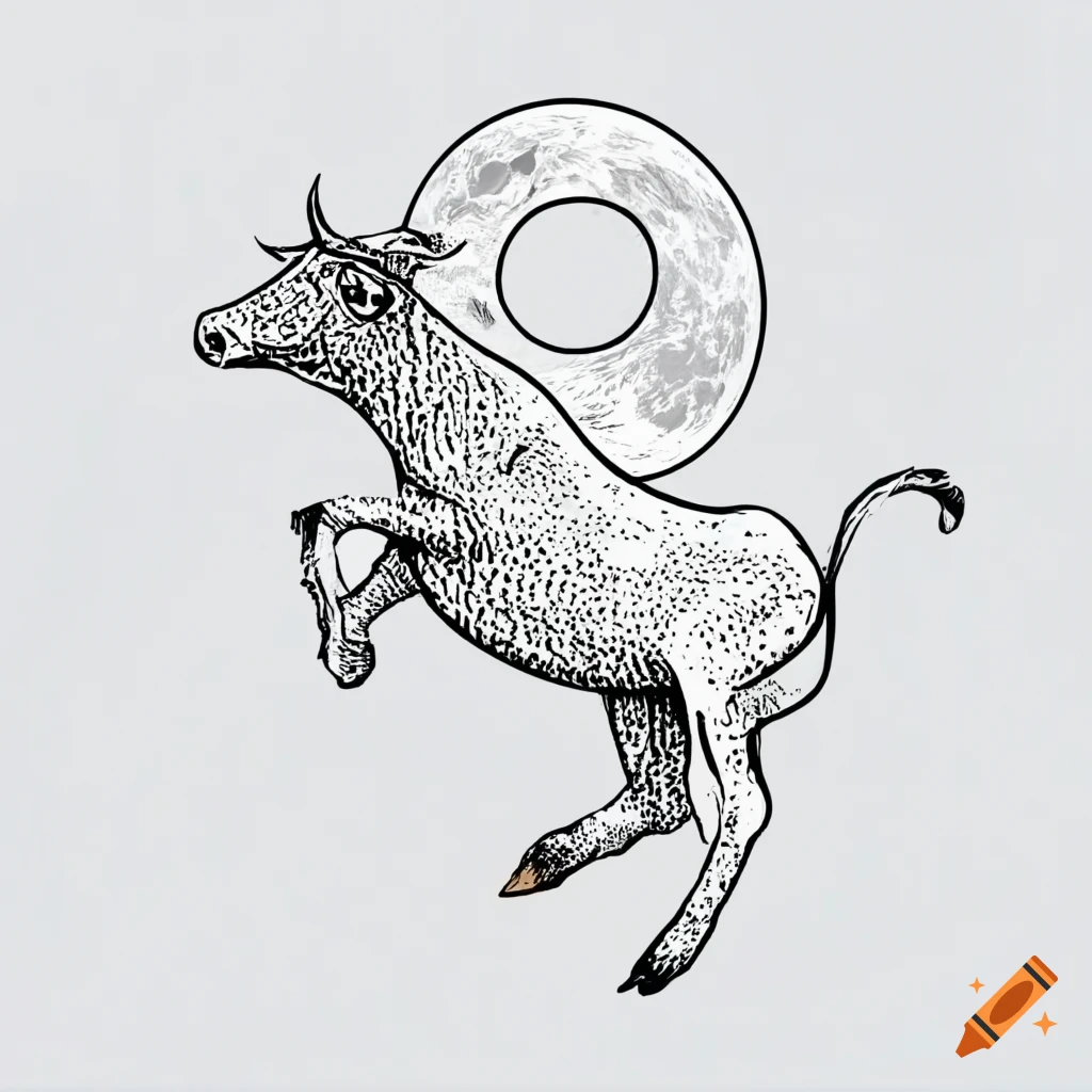 Monochrome line drawing of a cow jumping over the moon on Craiyon