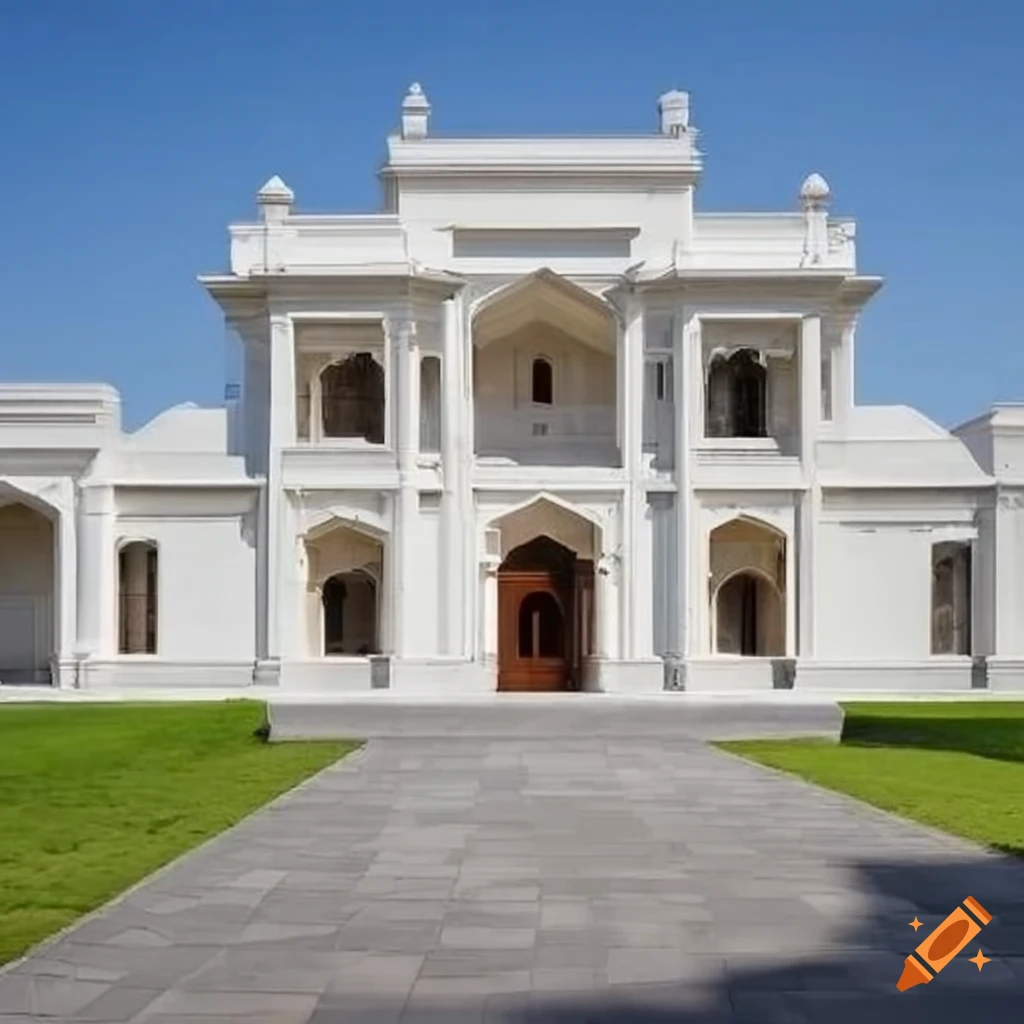 White marble architectural style building with full frontal elevation ...