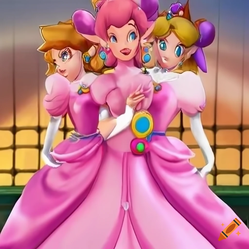 Princess peach and link in pink silk ballgowns posing together on Craiyon