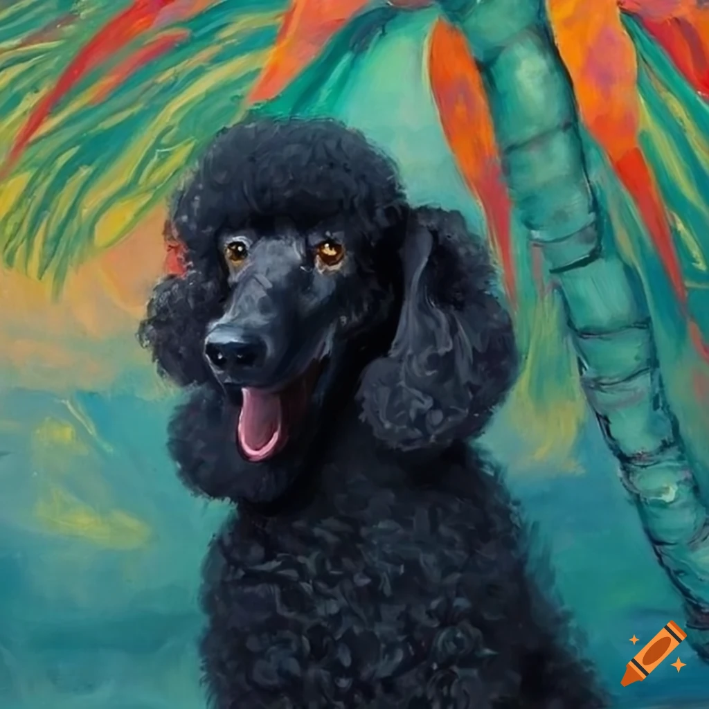 Black poodle dog under palm tree inspired by edward degas on Craiyon