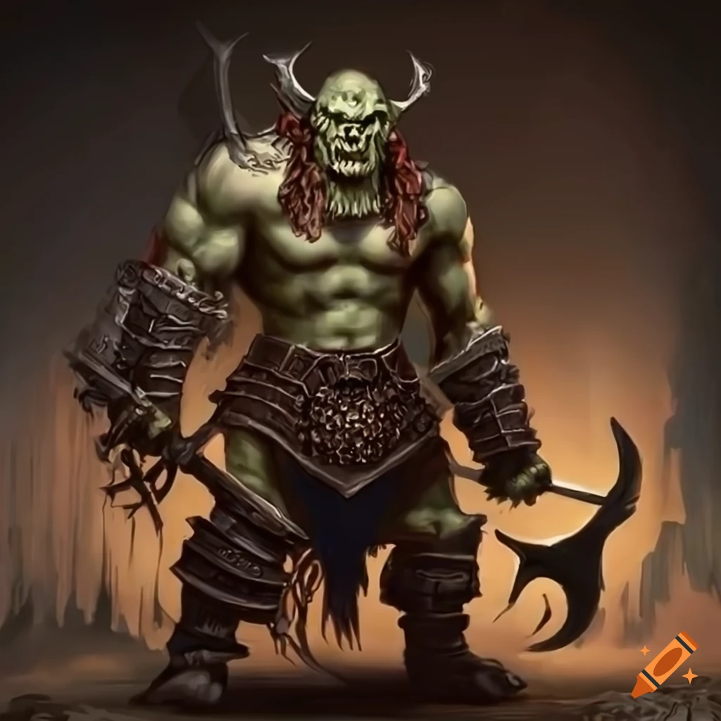 Fierce orc warrior in barbarian armor wielding a halberd on Craiyon