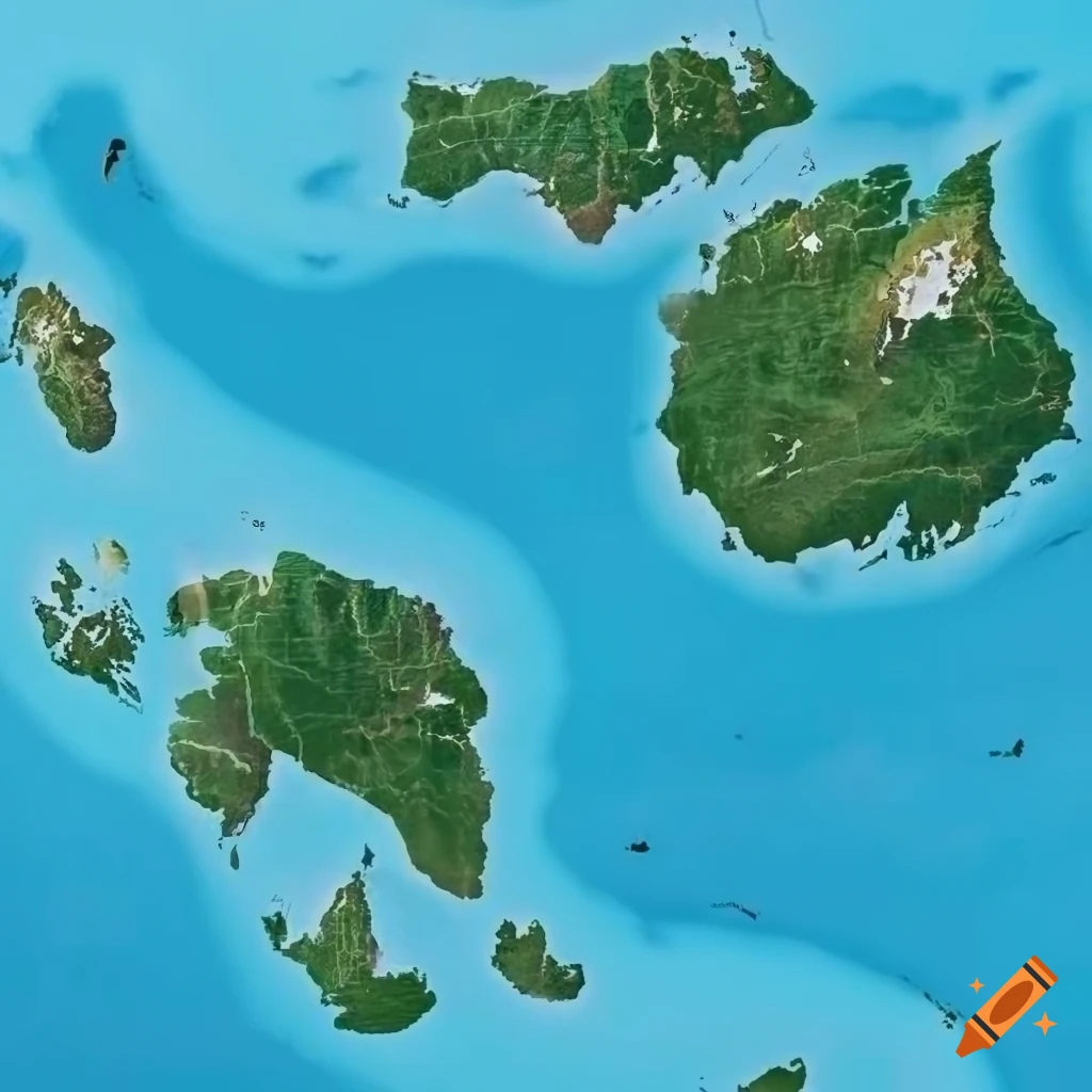 Map of an unknown island with heights and rivers in mercator projection ...