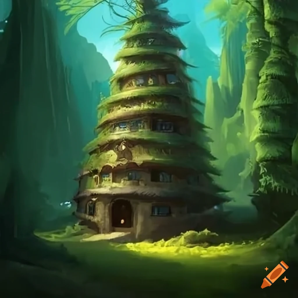 Elf city nestled in a single evergreen tree on Craiyon