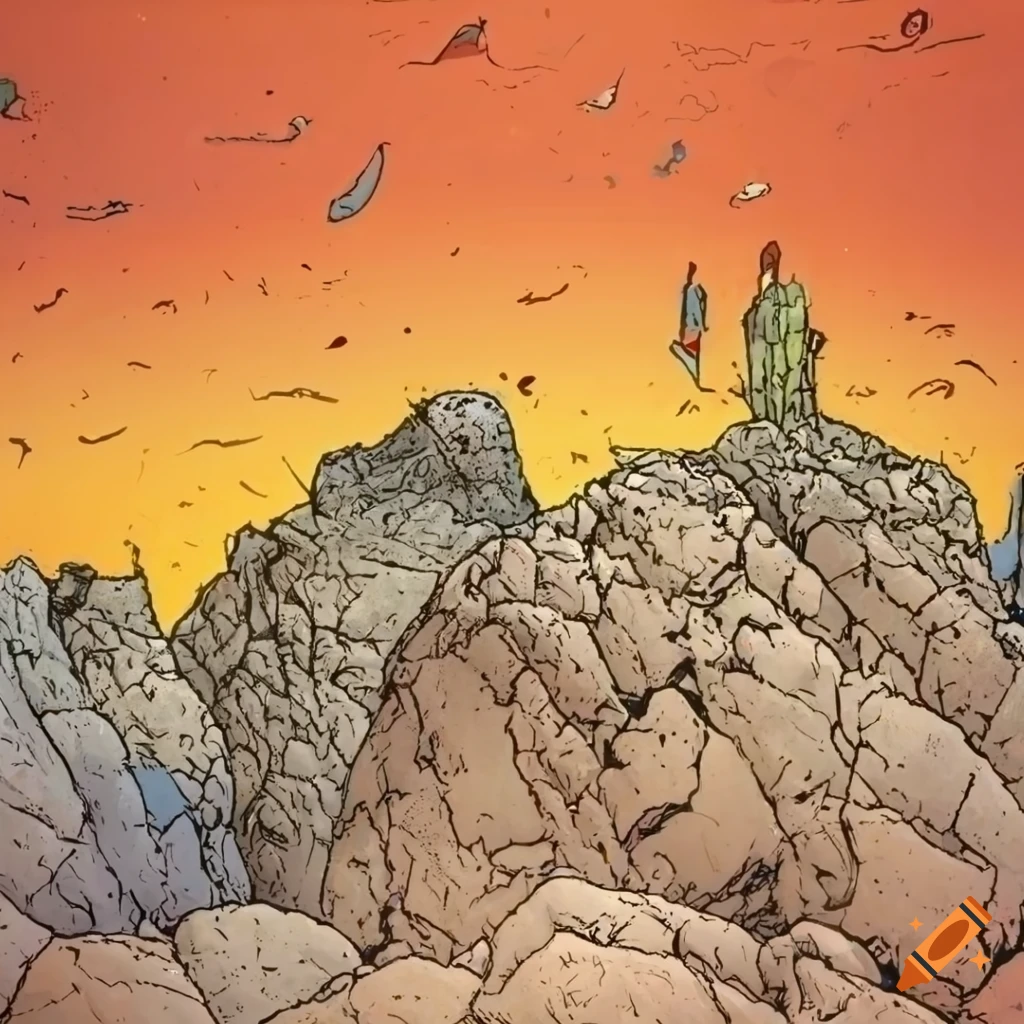 Aerial view of rocky surface in comic style moebius on Craiyon