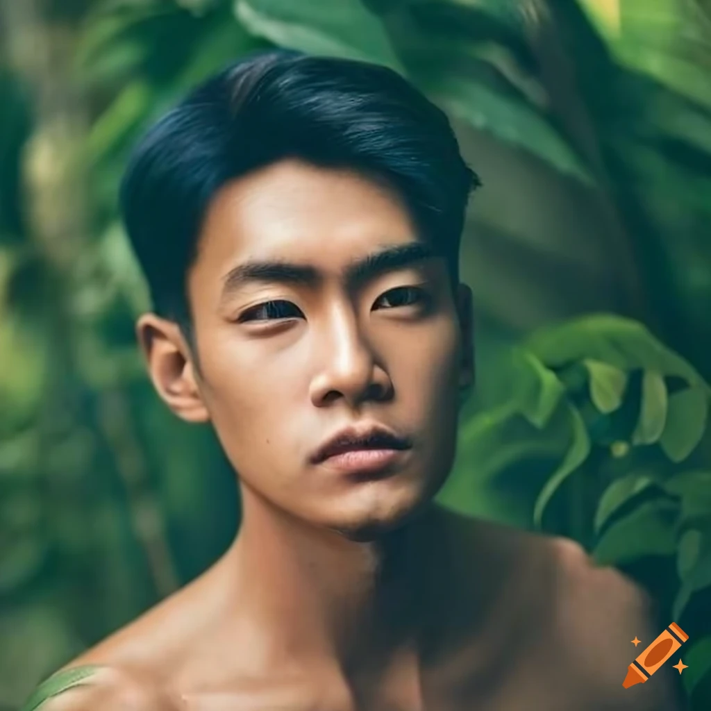 Captivating portrait of a handsome East Asian man in lush greenery on ...