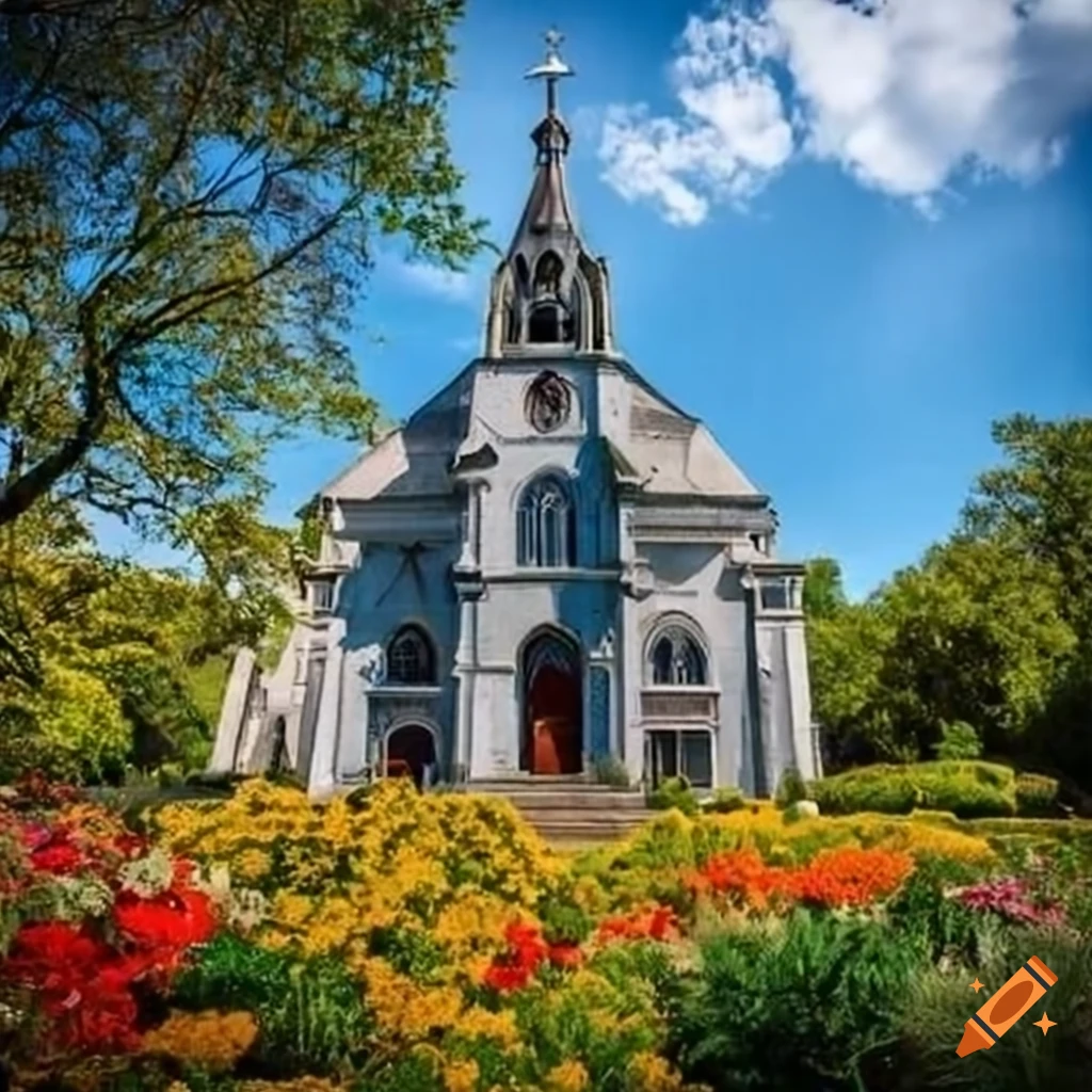 Catholic church surrounded by beautiful gardens and flowers on Craiyon