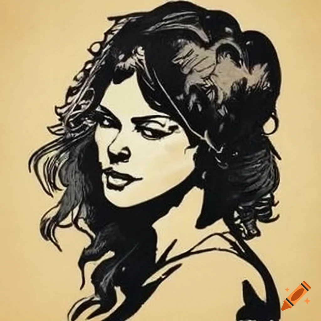Exotic and fine line frazetta girl ink doodle on old newsprint on Craiyon