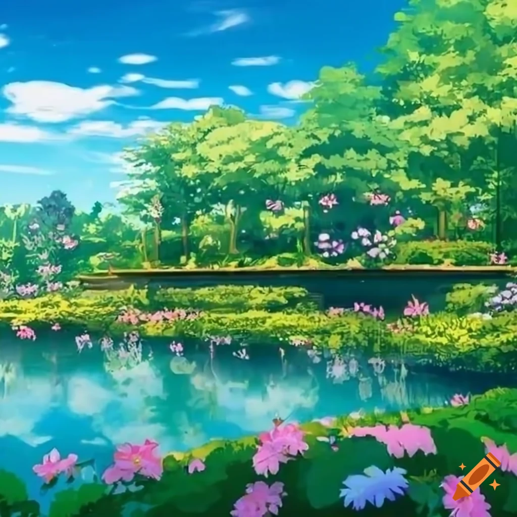 Romantic anime garden with flowers under a blue sky on Craiyon