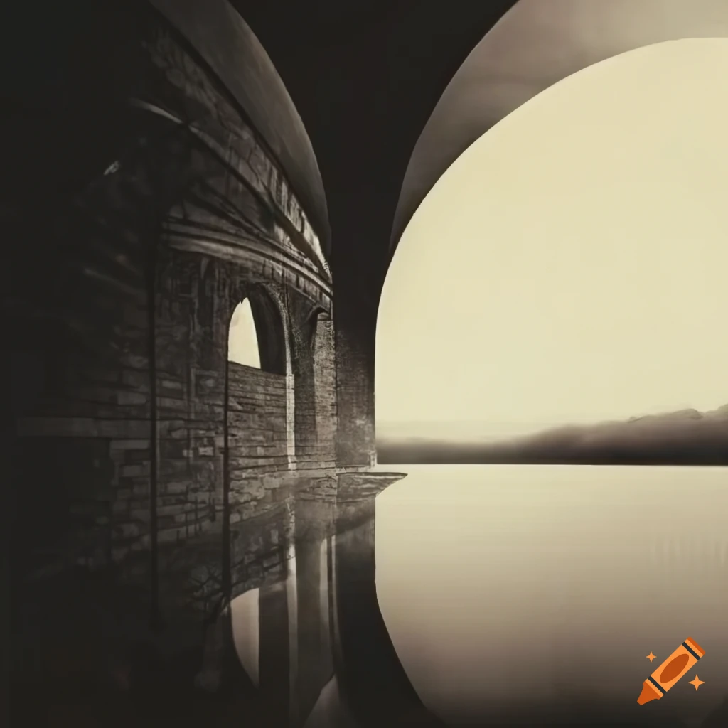 Retro 1950s surrealist art depicting rooms, bridge, and sky with ...