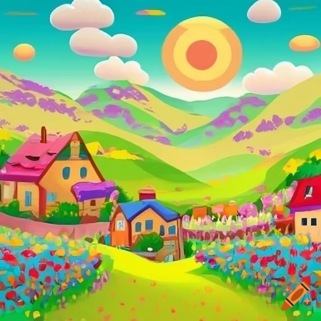 Sweet and cheerful cartoon art of a peaceful village surrounded by ...