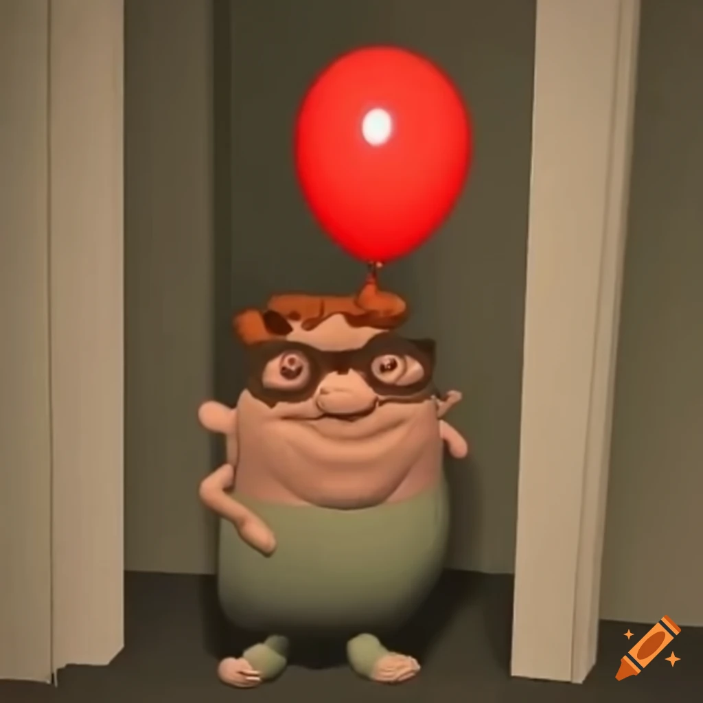 Carl Wheezer T-posing with a red balloon in the Backrooms on Craiyon