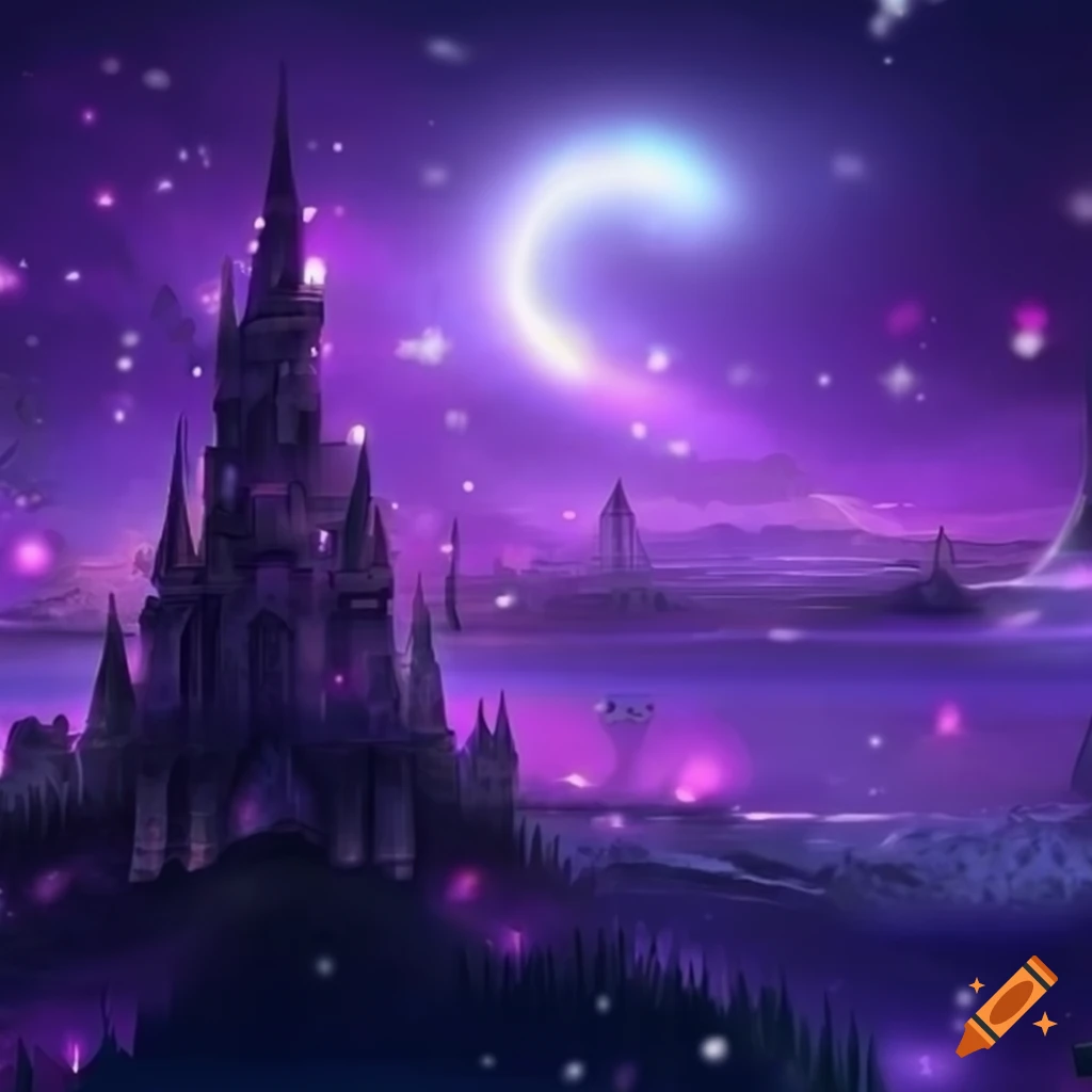 Magical purple glowing castle in anime night scenery on Craiyon