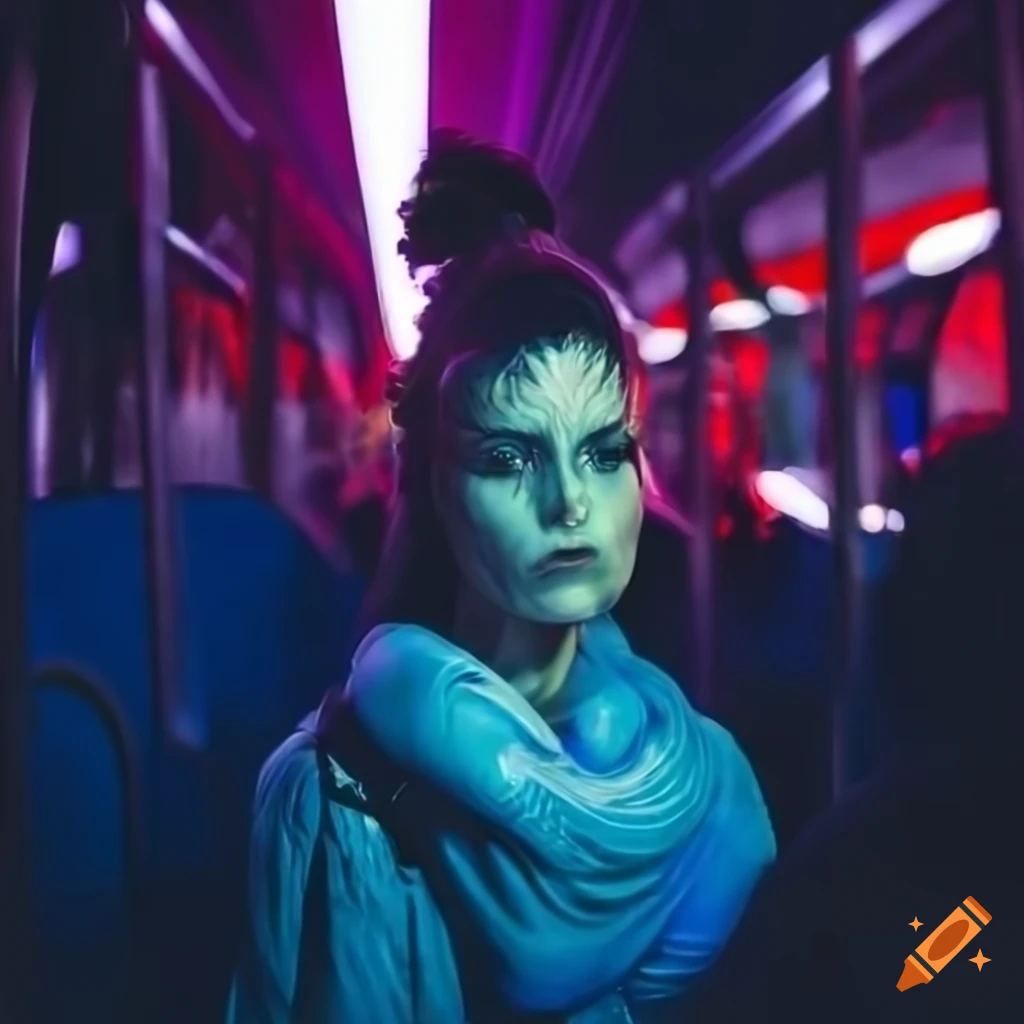 Female alien sitting in a crowded bus at night on Craiyon