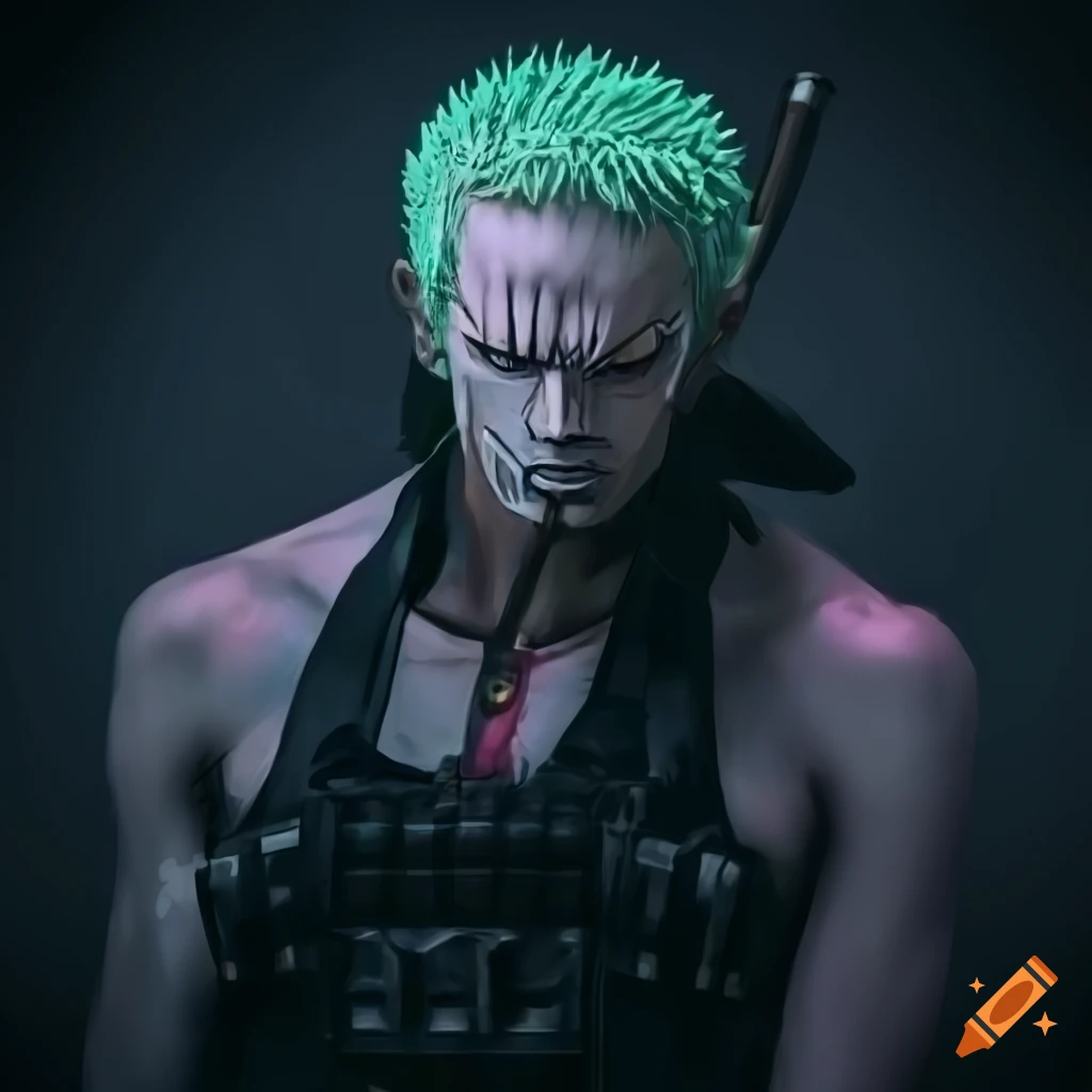 Headshot of futuristic cyberpunk Roronoa Zoro with robot arms and black ...