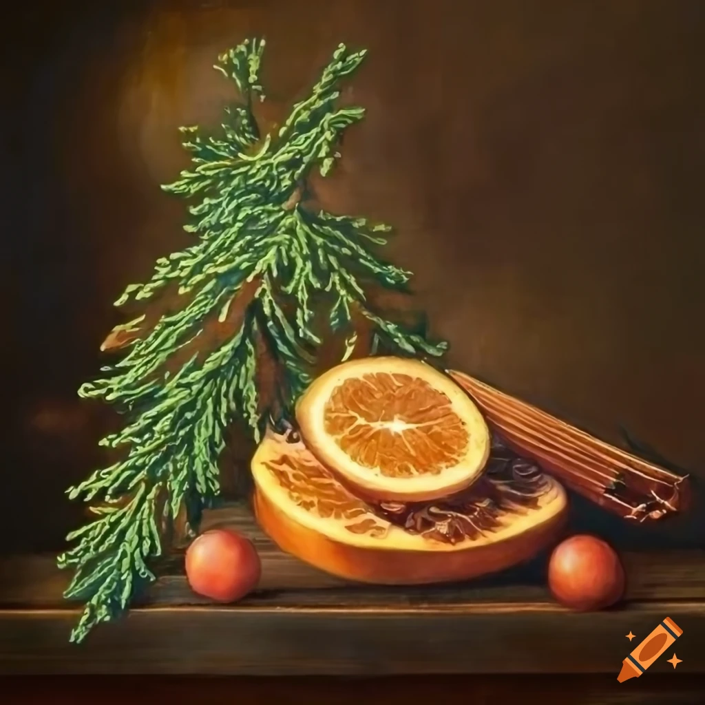 Renaissance style painting of juniper leaves, fruit slices, lute, and ...