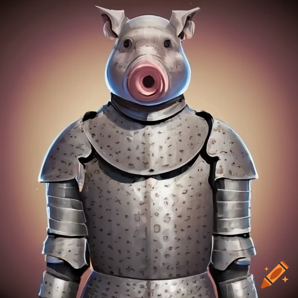 Illustration of a nervous pig man disguised as a knight in heavy armor ...