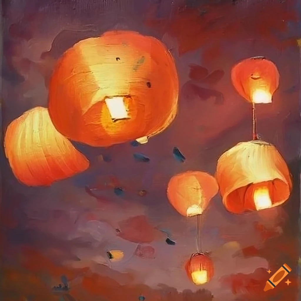 Flying paper lanterns depicted in oil paintings on Craiyon