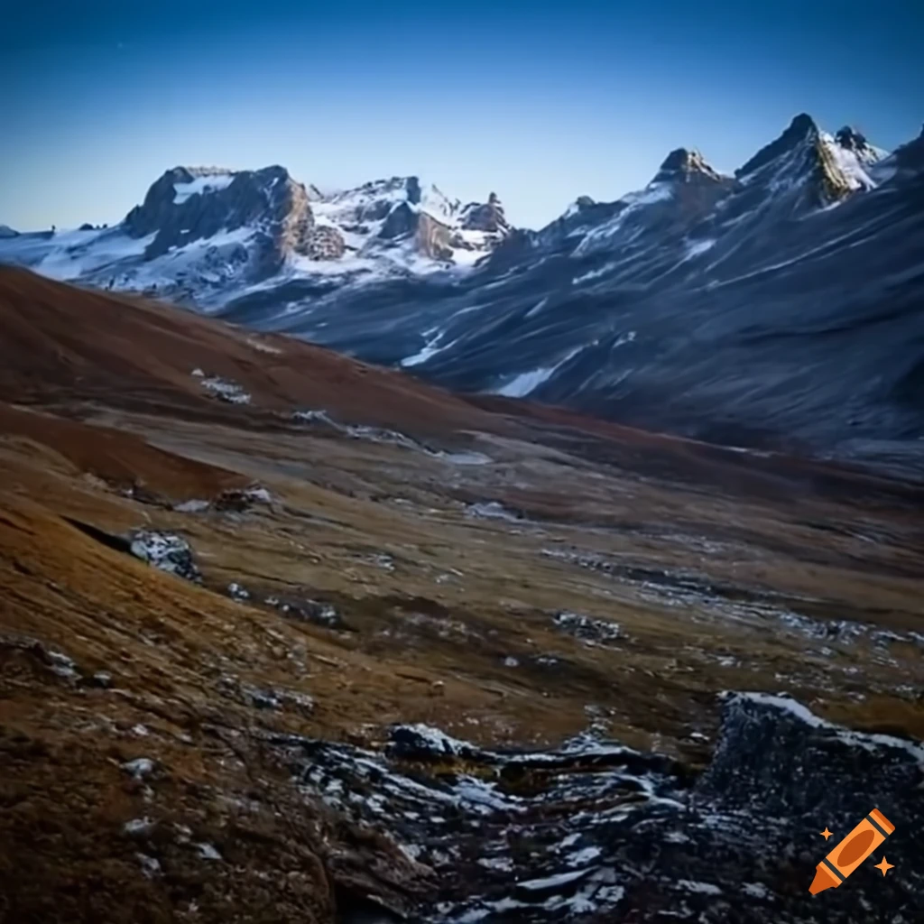 High alpine tundra with rocky plateau and snow patches on rolling hills ...