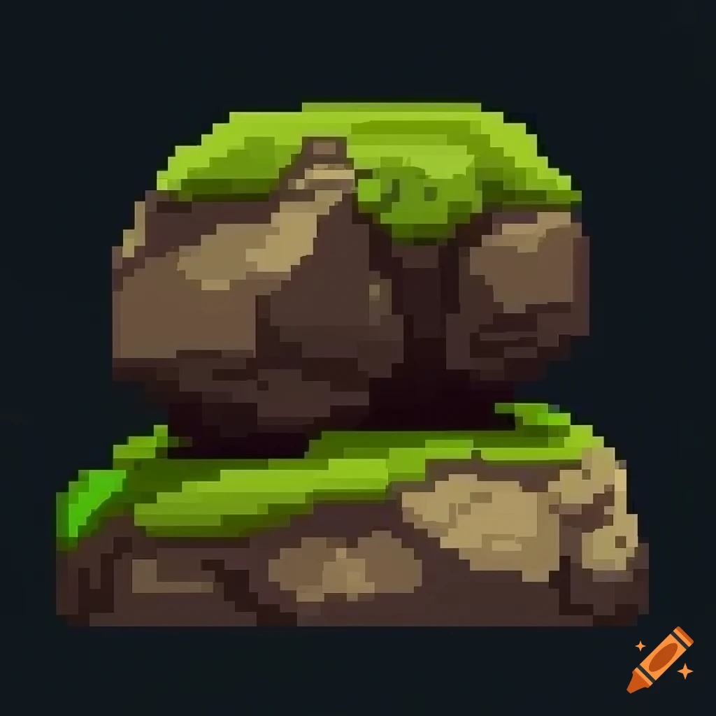Detailed side view of moss-covered boulder in pixel art style on Craiyon