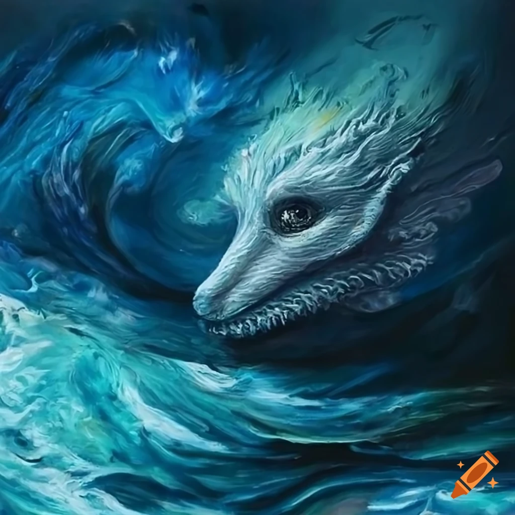 Mystical creature in stormy sea with detailed waves, oil painting on ...