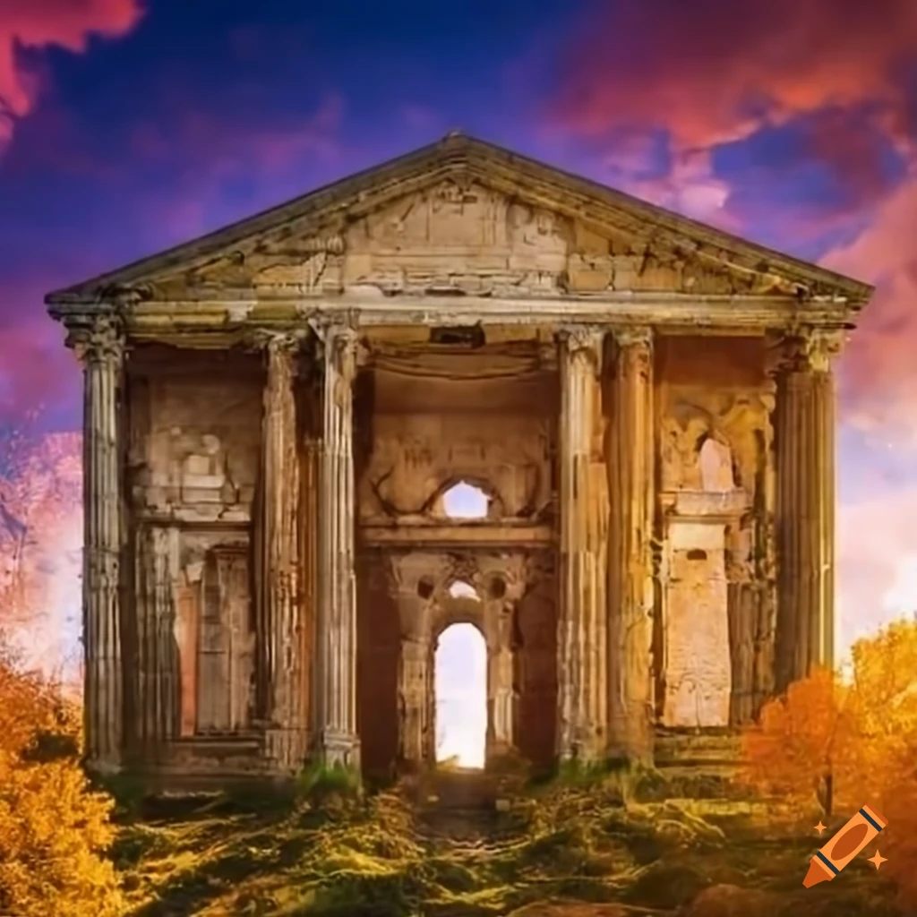 Ruined Roman temple with Christians in autumn on Craiyon
