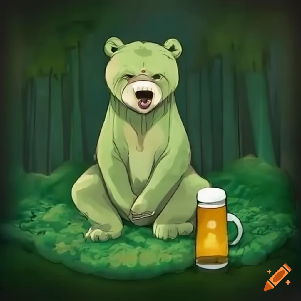 Fantasy green bear watching anime and drinking beer on Craiyon