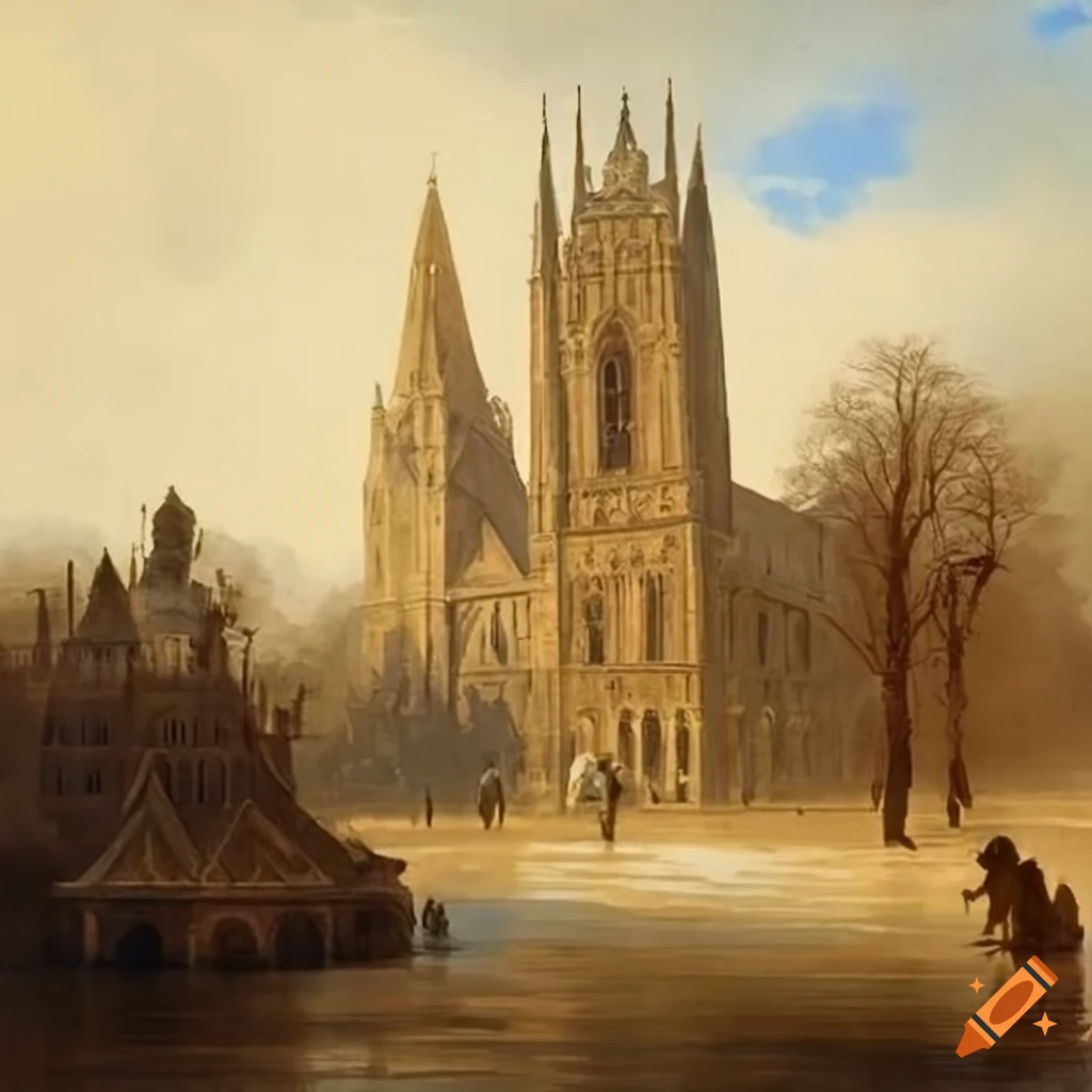 Historical artwork of a city and cathedral during a mud flood in the ...