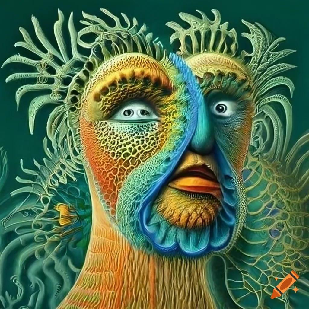 Surreal painting of human bird people faces inspired by haeckel on Craiyon