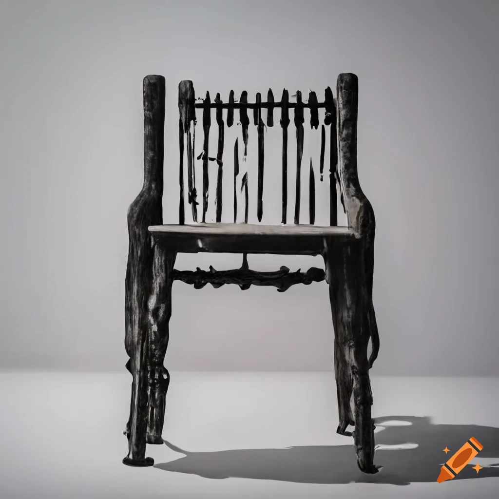 Art installation of a black burned wood chair with carvings, on white ...