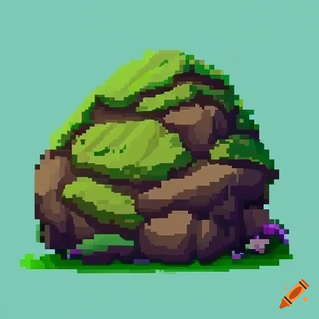 Detailed side view of moss-covered boulder in pixel art on Craiyon