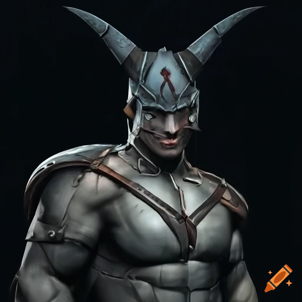 Portrait of a muscular fantasy warrior with gray skin and horned ...