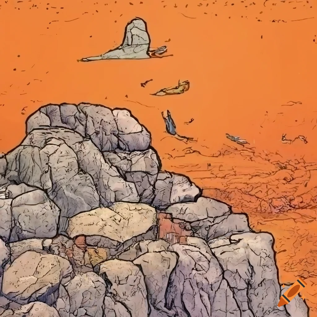 Aerial view of rocky surface in comic style moebius on Craiyon