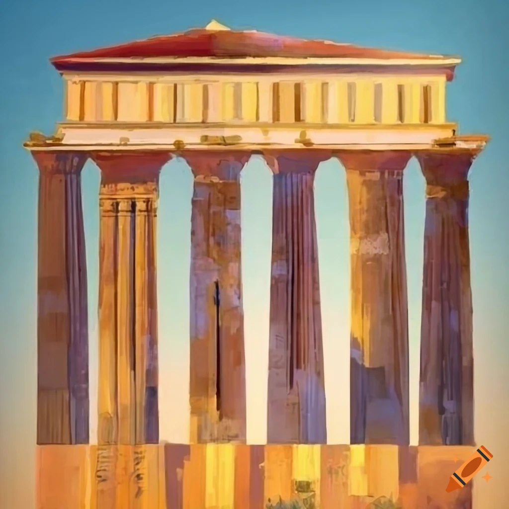 Ancient Greek temple with columns, doorways, and birds under a sunny ...