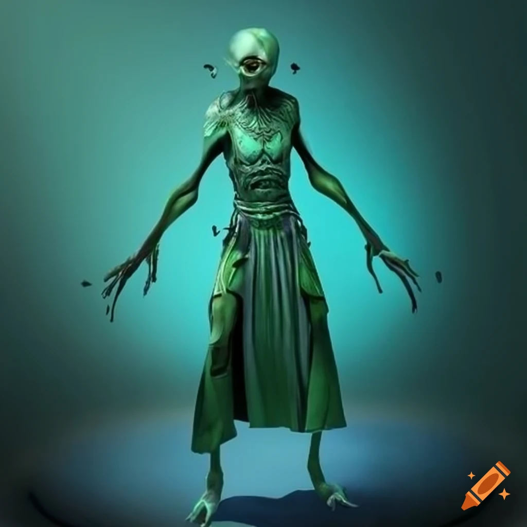 Alien with cyan skin and cathedral robes on Craiyon