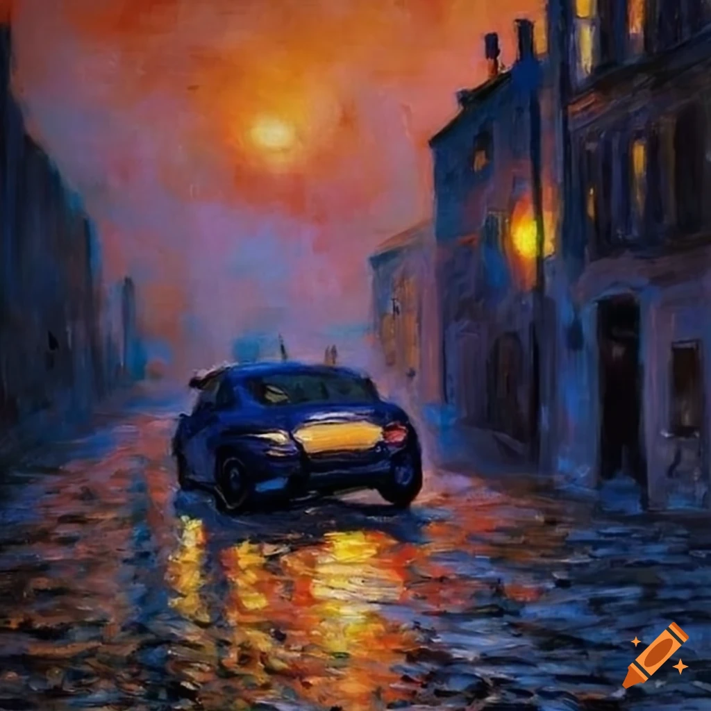 Claude monet painting of a dark blue toyota gr86 on a cobbled street at ...